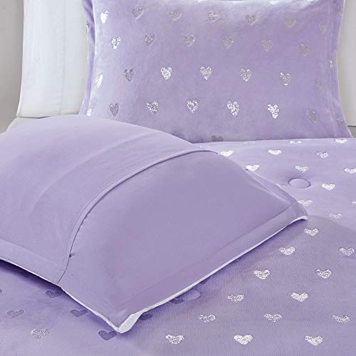 Mi Zone Rosalie Comforter Set for Girls, Ultra-Soft Microlight Plush Metallic Printed Hearts Brushed Reverse Overfilled Down Alternative Hypoallergenic All Season, Full/Queen, Purple/Silver, 4 Piece