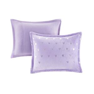 Mi Zone Rosalie Comforter Set for Girls, Ultra-Soft Microlight Plush Metallic Printed Hearts Brushed Reverse Overfilled Down Alternative Hypoallergenic All Season, Full/Queen, Purple/Silver, 4 Piece