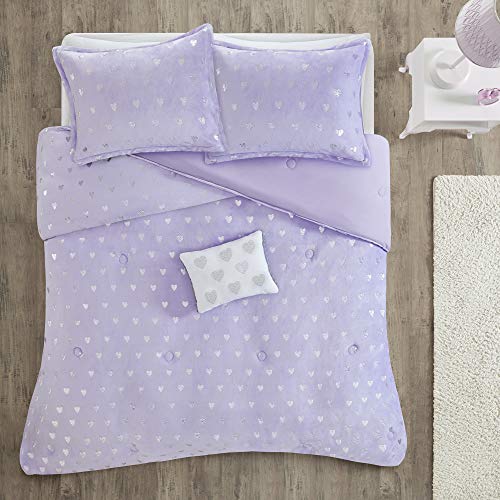 Mi Zone Rosalie Comforter Set for Girls, Ultra-Soft Microlight Plush Metallic Printed Hearts Brushed Reverse Overfilled Down Alternative Hypoallergenic All Season, Full/Queen, Purple/Silver, 4 Piece