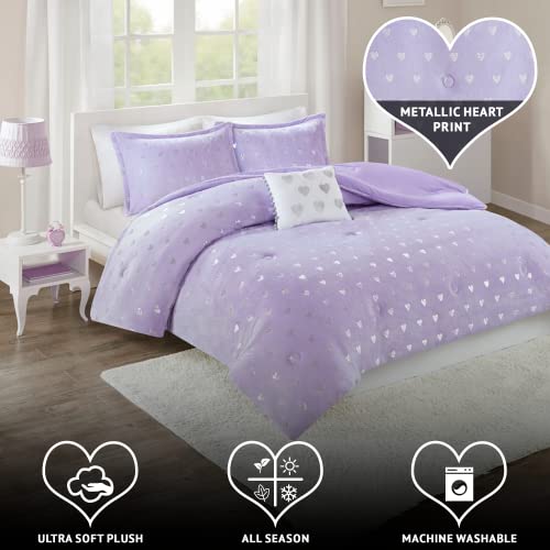 Mi Zone Rosalie Comforter Set for Girls, Ultra-Soft Microlight Plush Metallic Printed Hearts Brushed Reverse Overfilled Down Alternative Hypoallergenic All Season, Full/Queen, Purple/Silver, 4 Piece