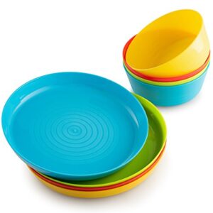 Plaskidy Kids Plastic Plates and Bowl Set - 4 Kids Bowls and 4 Kids Plates in Fun Bright Colors for Toddlers and Kids - Plastic Plates Reusable Dishwasher & Microwave Safe BPA Free for Kids & Toddler