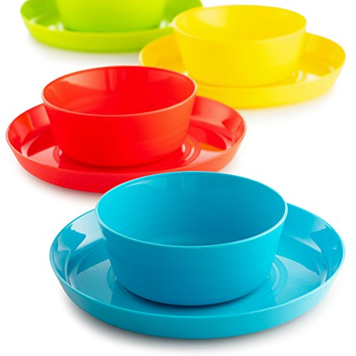 Plaskidy Kids Plastic Plates and Bowl Set - 4 Kids Bowls and 4 Kids Plates in Fun Bright Colors for Toddlers and Kids - Plastic Plates Reusable Dishwasher & Microwave Safe BPA Free for Kids & Toddler