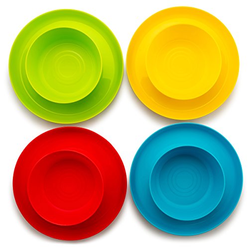 Plaskidy Kids Plastic Plates and Bowl Set - 4 Kids Bowls and 4 Kids Plates in Fun Bright Colors for Toddlers and Kids - Plastic Plates Reusable Dishwasher & Microwave Safe BPA Free for Kids & Toddler