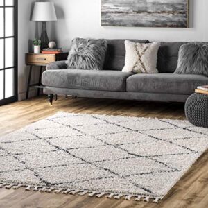 nuloom jessie moroccan lattice tassel shag area rug, 6 ft 7 in x 9 ft, off white