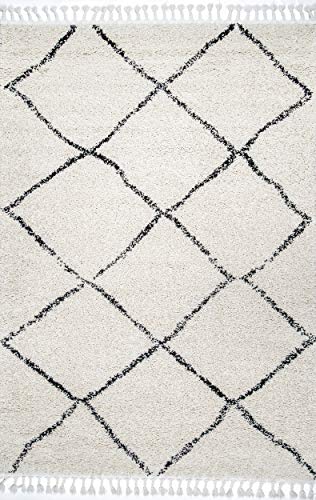 nuLOOM Jessie Moroccan Lattice Tassel Shag Area Rug, 6 ft 7 in x 9 ft, Off White