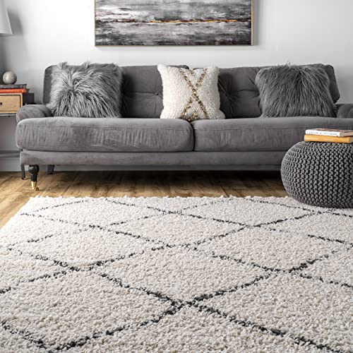 nuLOOM Jessie Moroccan Lattice Tassel Shag Area Rug, 9' 2" x 12', Off-white