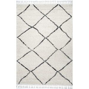 nuLOOM Jessie Moroccan Lattice Tassel Shag Area Rug, 9' 2" x 12', Off-white