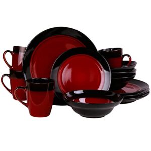 elama round stoneware two-toned dinnerware dish set, 16 piece, bright red and black