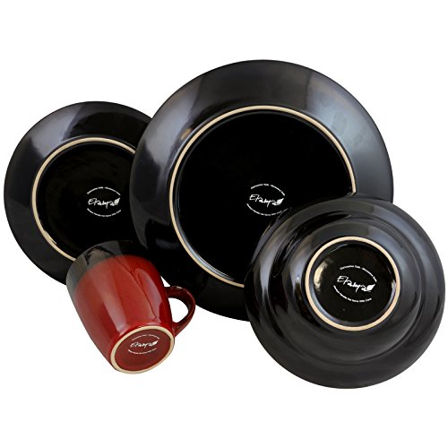 Elama Round Stoneware Two-Toned Dinnerware Dish Set, 16 Piece, Bright Red and Black