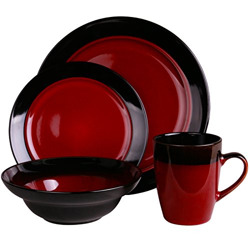 Elama Round Stoneware Two-Toned Dinnerware Dish Set, 16 Piece, Bright Red and Black