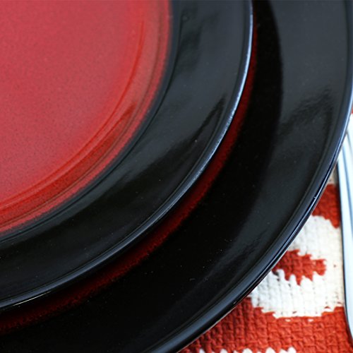 Elama Round Stoneware Two-Toned Dinnerware Dish Set, 16 Piece, Bright Red and Black