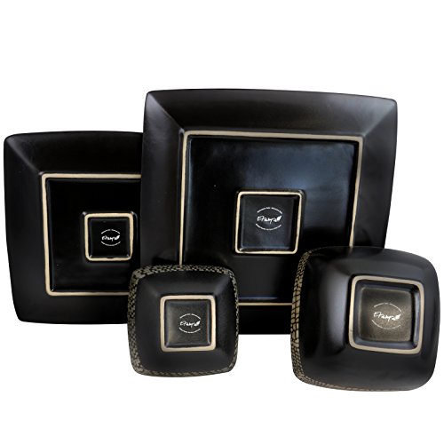 Elama Square Stoneware Pattern Dinnerware Dish Set, 16 Piece, Matte Black and Tan Tile