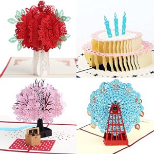 3d pop up greeting cards 4 pack assortment by aloha cards | for birthdays, thank yous, all occasions / wow your loved ones / individually packaged with envelope and protective bag