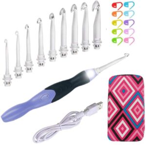 lighted crochet hooks set- rechargeable crochet hook with latest case, 9 in 1 interchangeable heads light crochet hooks with accessories