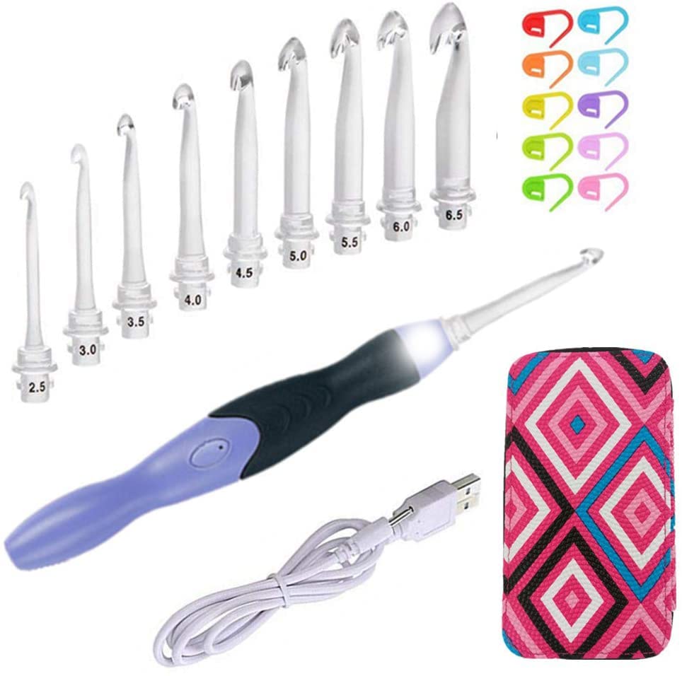 Lighted Crochet Hooks Set- Rechargeable Crochet Hook with Latest Case, 9 in 1 Interchangeable Heads Light Crochet Hooks with Accessories