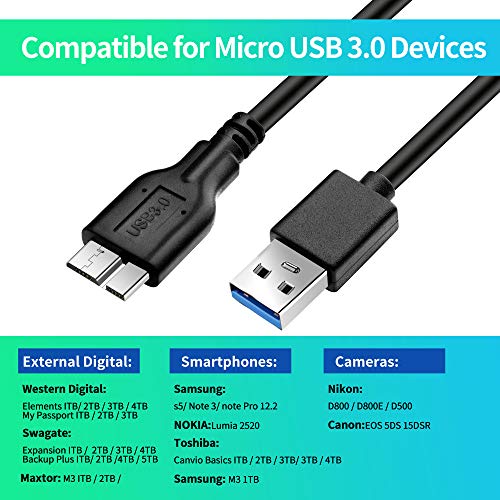 Reallycare Micro B Cable, USB 3.0 A Male to Micro USB 3.0 Sync Cord,Data Wire for Toshiba,Seagate,Samsung,WD, My Passport and More External Hard Drive(1ft/35cm/Black)