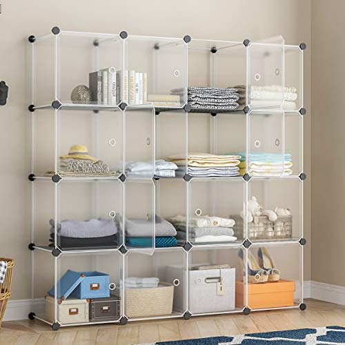 KOUSI Portable Storage Cubes-14 x14 Cube (16 Cubes)-More Stable (add Metal Panel) Cube Shelves with Doors, Modular Bookshelf Units，Clothes Storage Shelves，Room Organizer for Cubby Cube