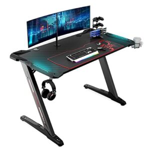 eureka ergonomic z1-s pro gaming desk 44.5" z shaped home office pc computer desks gamer tables with led lights controller stand cup holder headphone hook free mousepad for men boyfriend female gift