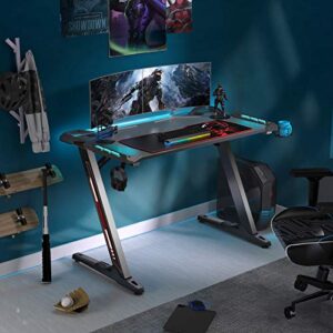 EUREKA ERGONOMIC Z1-S Pro Gaming Desk 44.5" Z Shaped Home Office PC Computer Desks Gamer Tables with LED Lights Controller Stand Cup Holder Headphone Hook Free Mousepad for Men Boyfriend Female Gift