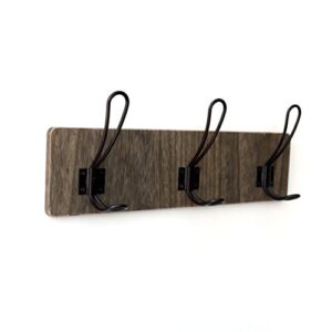 cvhomedeco. vintage distressed entryway wooden hook wall mount or door hanger clothes coat hooks towel hat scarf bags rack with triple metal iron hooks. black walnut color, 15-3/4 x 5-3/4 x 3 inch