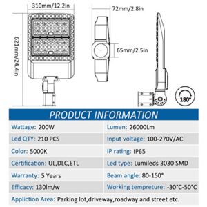 LEDMO 200W LED Parking Lot Lights 5000K Street Shoebox Pole Lights Waterproof 26000LM Super Bright Dusk to Dawn Outdoor Commercial Area Flood Security Lighting Slip Fitter for Stadium Sport Garage