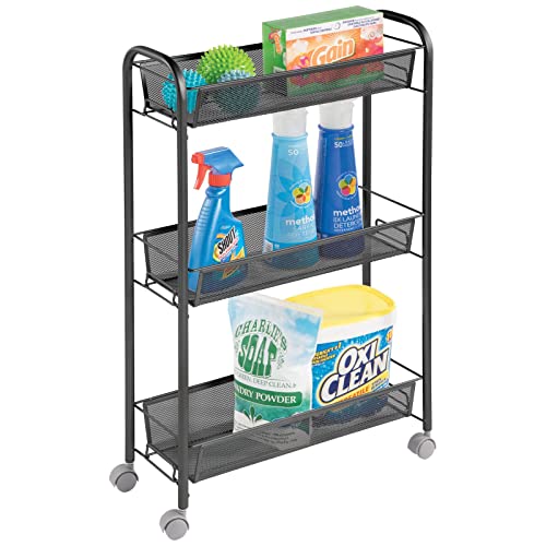 mDesign Steel Rolling Utility Cart Storage Organizer Trolley with 3 Basket Shelves for Laundry Room, Mudroom, Garage, Bathroom Organization - Holds Detergents, Hand Soap - Biro Collection, Black