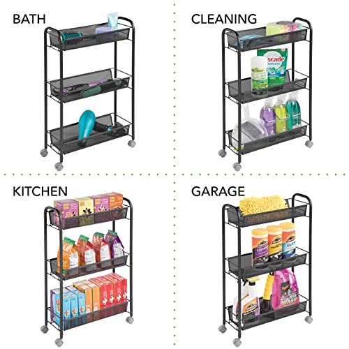 mDesign Steel Rolling Utility Cart Storage Organizer Trolley with 3 Basket Shelves for Laundry Room, Mudroom, Garage, Bathroom Organization - Holds Detergents, Hand Soap - Biro Collection, Black