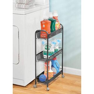 mDesign Steel Rolling Utility Cart Storage Organizer Trolley with 3 Basket Shelves for Laundry Room, Mudroom, Garage, Bathroom Organization - Holds Detergents, Hand Soap - Biro Collection, Black