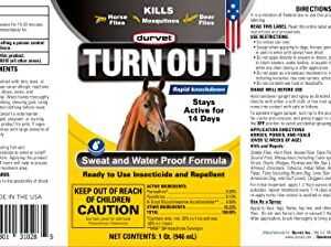 Durvet Turn Out Insecticide and Repellent for Horses and Dogs. Sweat and Water Proof Formula Stays Active for Up to 14 Days. Spray or Wipe On. Ready-to-Use 32-Ounce Spray Bottle. Made in USA.