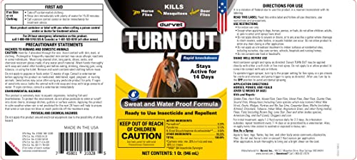 Durvet Turn Out Insecticide and Repellent for Horses and Dogs. Sweat and Water Proof Formula Stays Active for Up to 14 Days. Spray or Wipe On. Ready-to-Use 32-Ounce Spray Bottle. Made in USA.