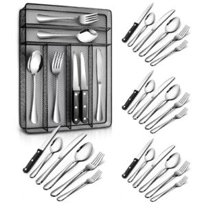 teivio 24 piece silverware set, flatware utensils set mirror polished, dishwasher safe service for 4, include knife/fork/spoon/steak knife/wire mesh steel cutlery holder storage trays (black tray)