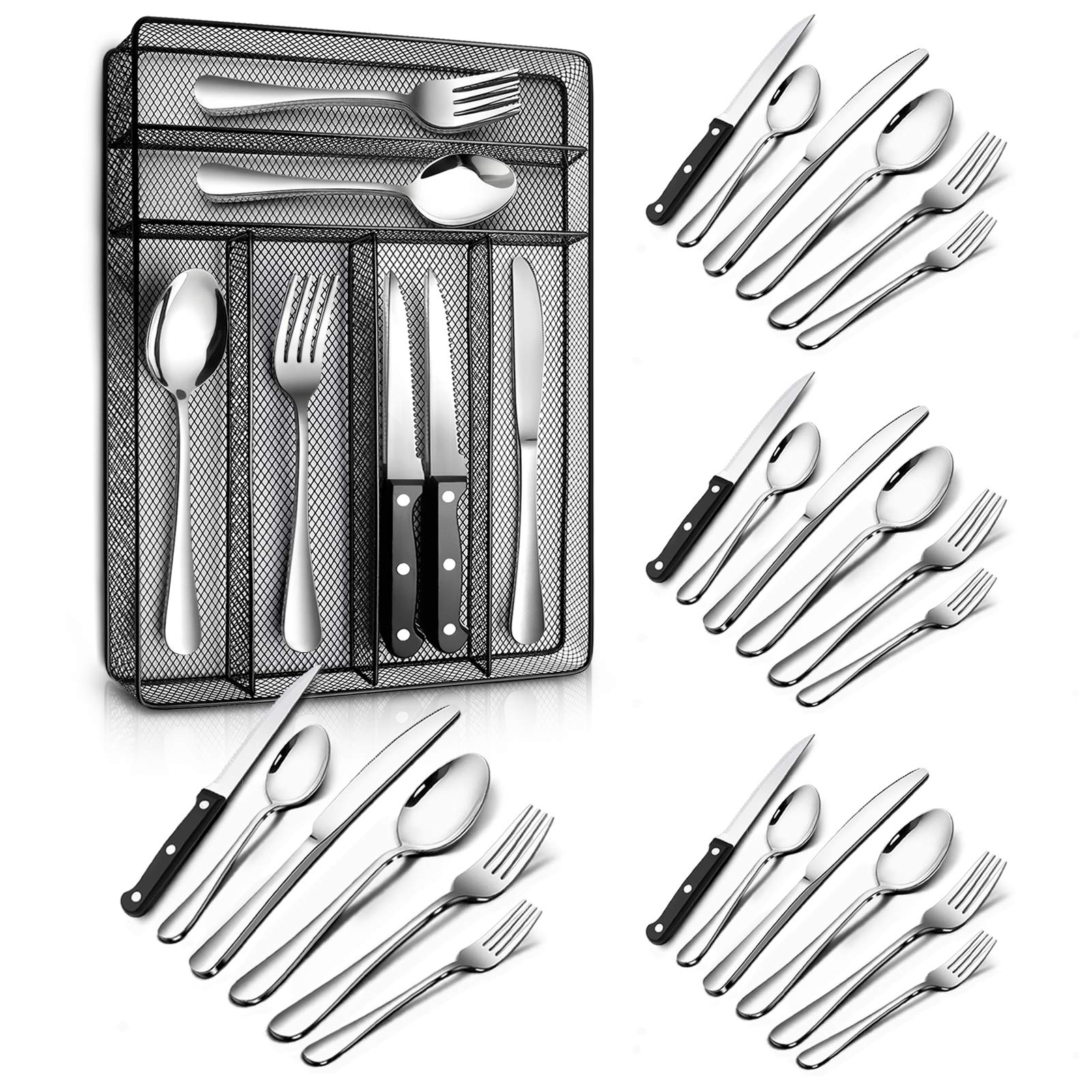 Teivio 24 Piece Silverware Set, Flatware Utensils Set Mirror Polished, Dishwasher Safe Service for 4, Include Knife/Fork/Spoon/Steak Knife/Wire Mesh Steel Cutlery Holder Storage Trays (Black Tray)