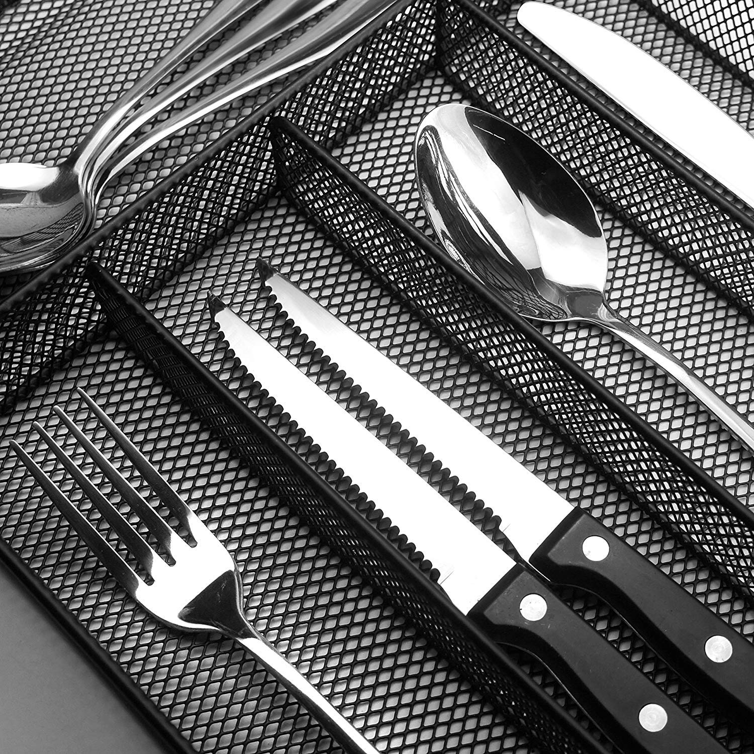 Teivio 24 Piece Silverware Set, Flatware Utensils Set Mirror Polished, Dishwasher Safe Service for 4, Include Knife/Fork/Spoon/Steak Knife/Wire Mesh Steel Cutlery Holder Storage Trays (Black Tray)