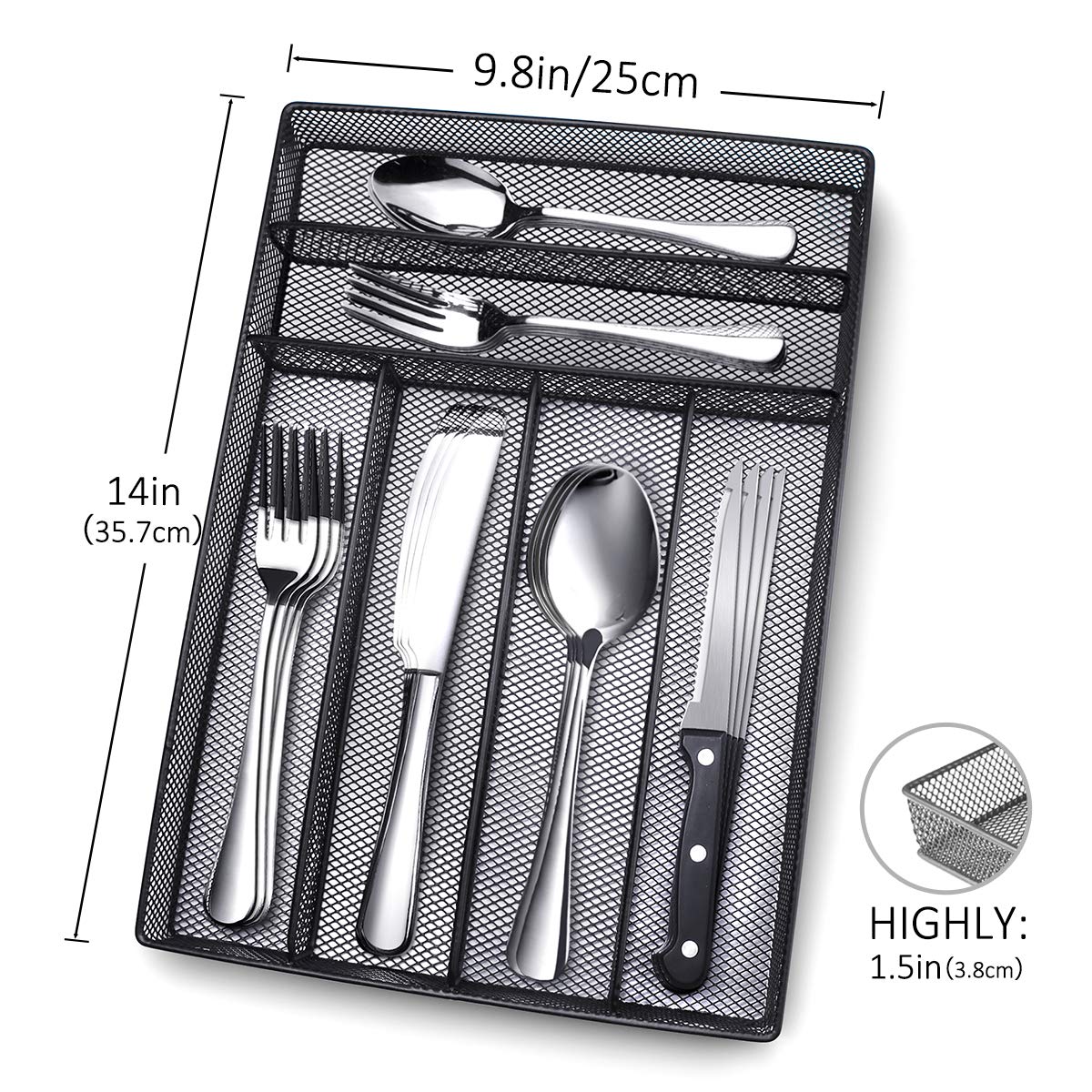 Teivio 24 Piece Silverware Set, Flatware Utensils Set Mirror Polished, Dishwasher Safe Service for 4, Include Knife/Fork/Spoon/Steak Knife/Wire Mesh Steel Cutlery Holder Storage Trays (Black Tray)