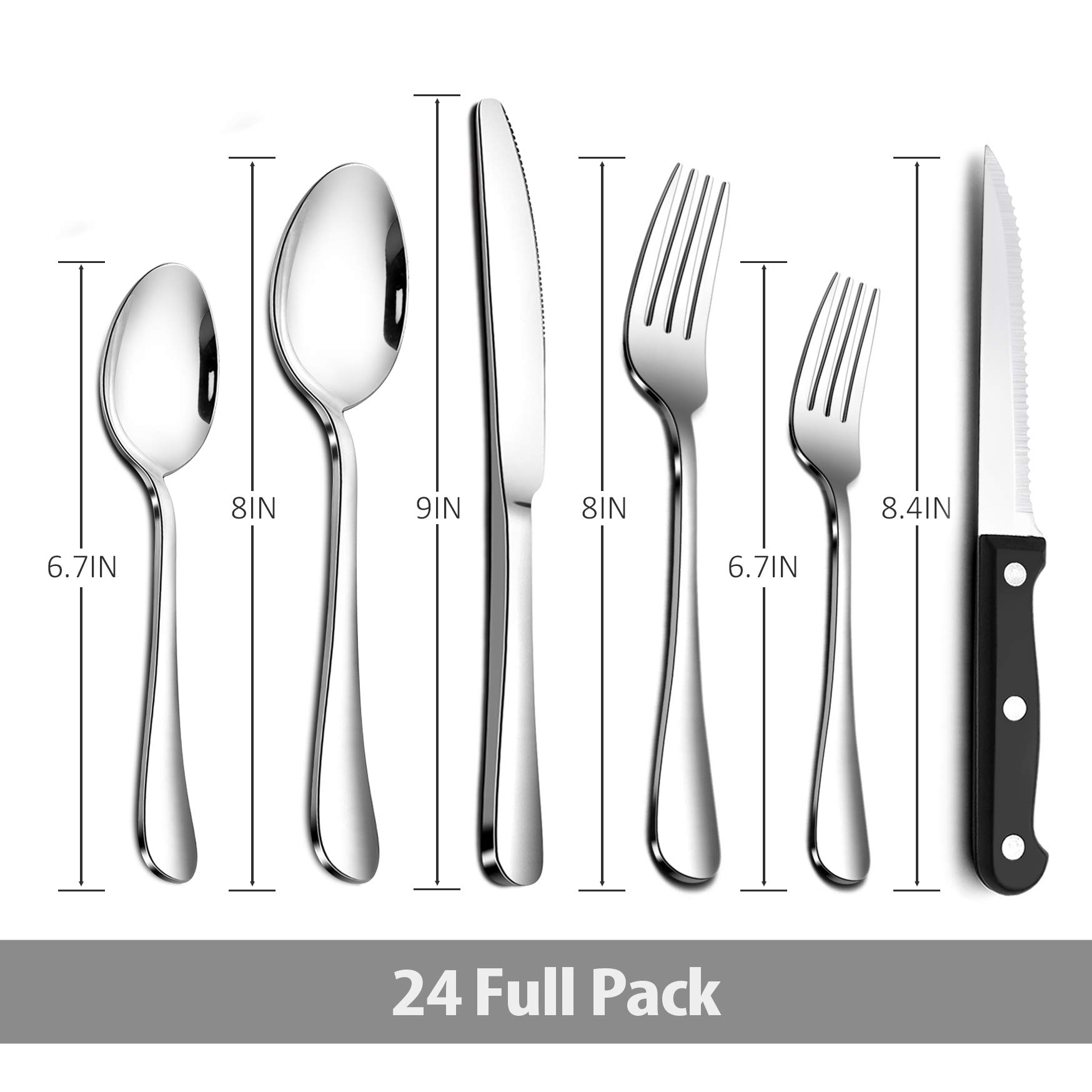 Teivio 24 Piece Silverware Set, Flatware Utensils Set Mirror Polished, Dishwasher Safe Service for 4, Include Knife/Fork/Spoon/Steak Knife/Wire Mesh Steel Cutlery Holder Storage Trays (Black Tray)