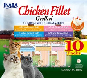 inaba natural, premium hand-cut grilled chicken fillet cat treats/topper/complement with vitamin e and green tea extract, 0.9 ounces each, pack of 10, variety pack