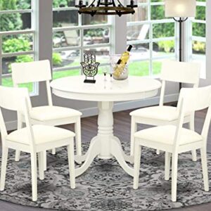 East-West Furniture ANAD5-LWH-LC Kitchen Dining Table Set - 4 Fantastic Wooden Dining Chairs with Faux Leather Seat - A Pedestal Dining Table (Linen White Finish)