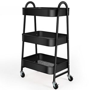 kingrack 3-tier rolling cart, metal rolling storage cart with lockable wheels, mobile trolley cart for kitchen, bathroom, office, workshop, black