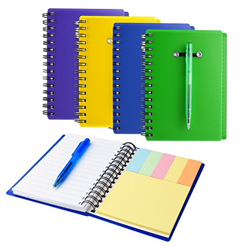 Coopay 4 Pieces Spiral Notebook Steno Pocket Notepad with Pen in Holder and Sticky Notes, Page Marker Index Tabs Flags Making Plans Writing Memos Office School Supplies (Yellow, Blue, Purple, Green)