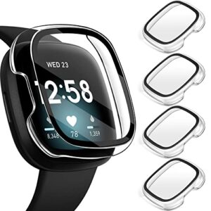 [4 pack] ivoler screen protector tempered glass for fitbit sense/versa 3, hard pc case with bumper cover sensitive touch full coverage protective case for sense/versa 3 smart watch, transparent