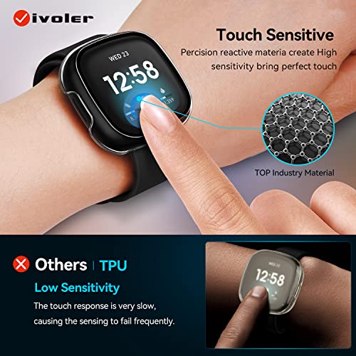 [4 Pack] iVoler Screen Protector Tempered Glass for Fitbit Sense/Versa 3, Hard PC case with Bumper Cover Sensitive Touch Full Coverage Protective Case for Sense/Versa 3 Smart Watch, Transparent