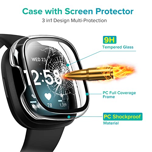 [4 Pack] iVoler Screen Protector Tempered Glass for Fitbit Sense/Versa 3, Hard PC case with Bumper Cover Sensitive Touch Full Coverage Protective Case for Sense/Versa 3 Smart Watch, Transparent