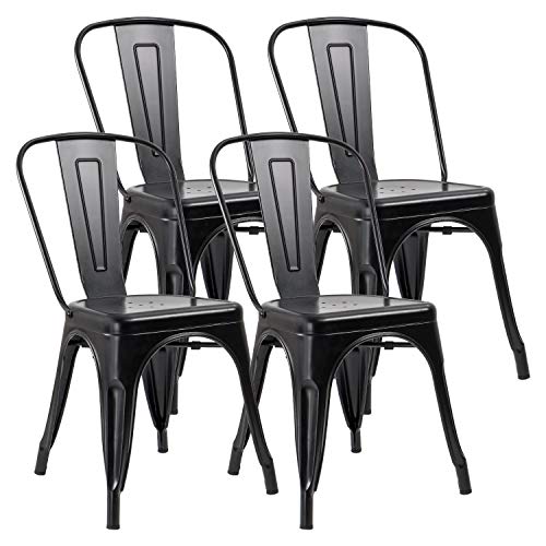 JUMMICO Iron Metal Dining Chair Stackable Indoor-Outdoor/Classic/Chic Industrial Vintage Chairs Bistro Kitchen Cafe Side Chairs with Back Set of 4 (Black)