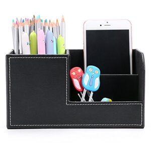 btsky pu leather desk pen pencil holder- multi-functional desktop organizer storage box business card pen/pencil mobile phone remote control stationery holder home office table top organization decor(black)