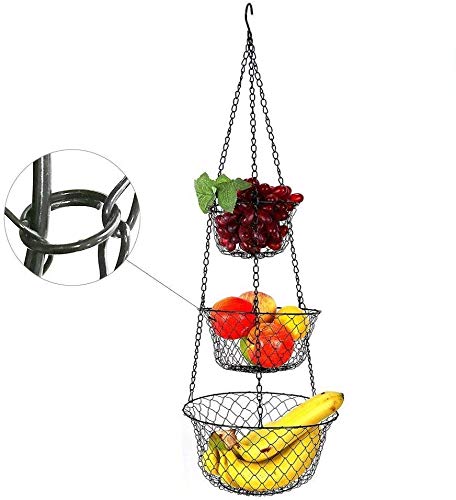 MALMO 3-Tier Wire Fruit Hanging Basket, Vegetable Kitchen Storage Basket, Iron Wire Black