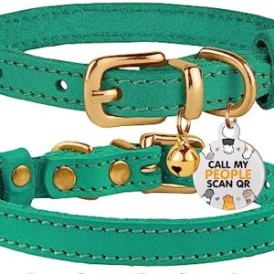 BRONZEDOG Leather Cat Collar with Bell Non Breakaway Kitten QR Tag for Girl Boy (7" - 9" for Cats, Green & Gold)