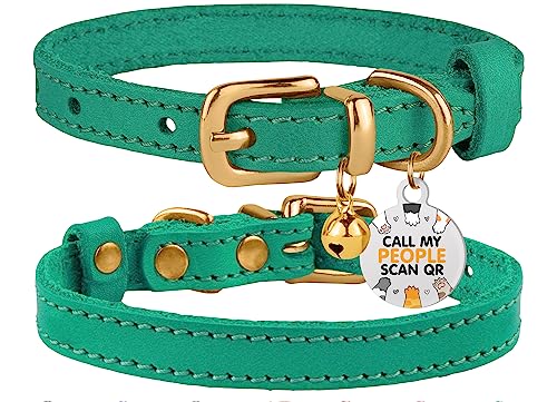 BRONZEDOG Leather Cat Collar with Bell Non Breakaway Kitten QR Tag for Girl Boy (7" - 9" for Cats, Green & Gold)