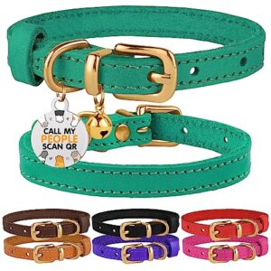 bronzedog leather cat collar with bell non breakaway kitten qr tag for girl boy (7" - 9" for cats, green & gold)