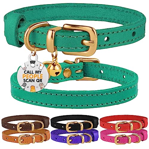 BRONZEDOG Leather Cat Collar with Bell Non Breakaway Kitten QR Tag for Girl Boy (7" - 9" for Cats, Green & Gold)