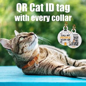 BRONZEDOG Leather Cat Collar with Bell Non Breakaway Kitten QR Tag for Girl Boy (7" - 9" for Cats, Green & Gold)